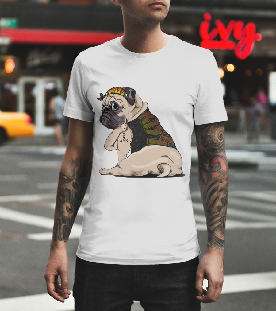 Kiss Bandana Pug With I Love Kiss Tattoo T-Shirt