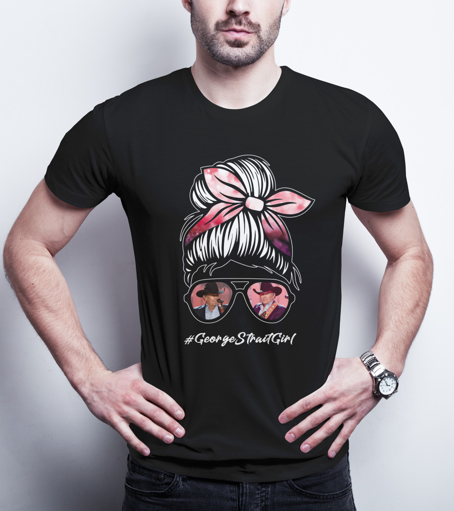 #Georgestraitgirl Cowboy Hat Reflections In Sunglasses With Pink Hair Bow T-Shirt