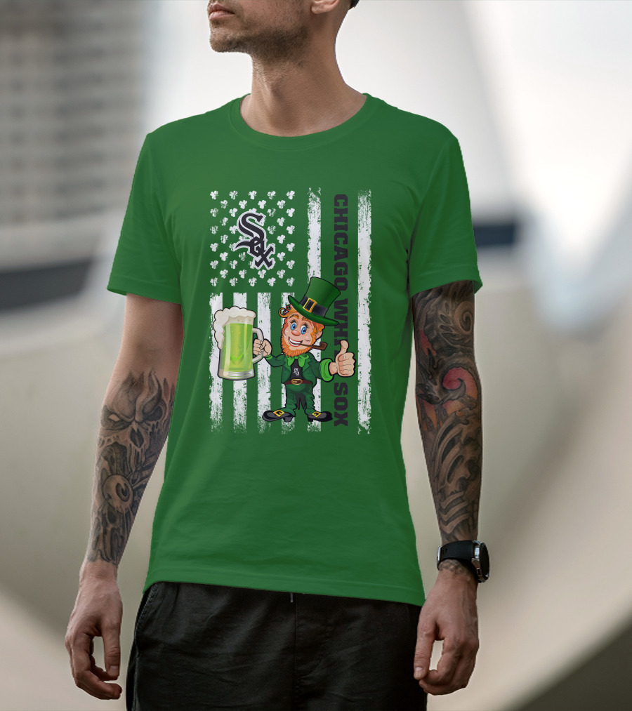 Chicago White Sox St Patrick's Day Leprechaun With Shamrock Beer And American Flag T-Shirt