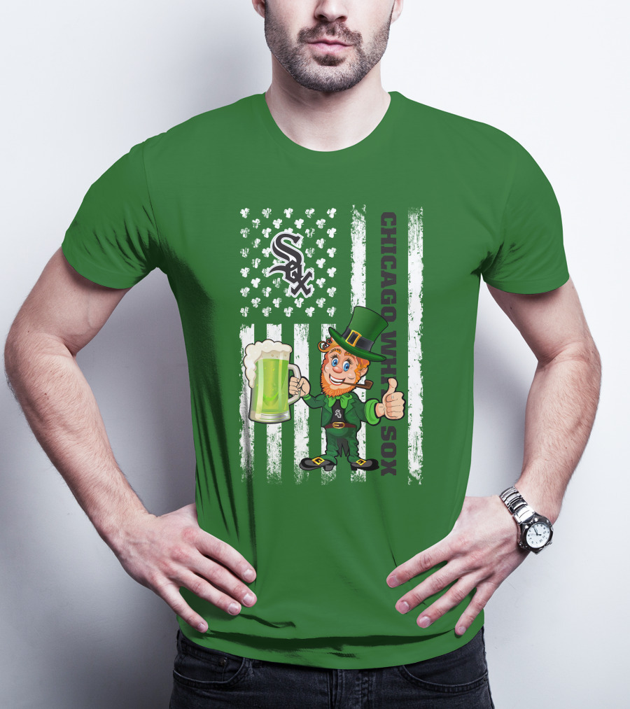 Chicago White Sox St Patrick's Day Leprechaun With Shamrock Beer And American Flag T-Shirt