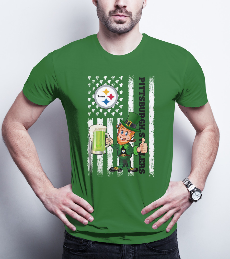 Pittsburgh Steelers Leprechaun St Patrick's Day Shamrock Beer Flag T-Shirt