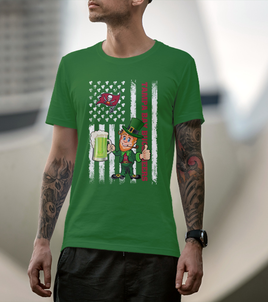 Tampa Bay Buccaneers St Patrick's Day Leprechaun Flag With Shamrocks And Green Beer T-Shirt