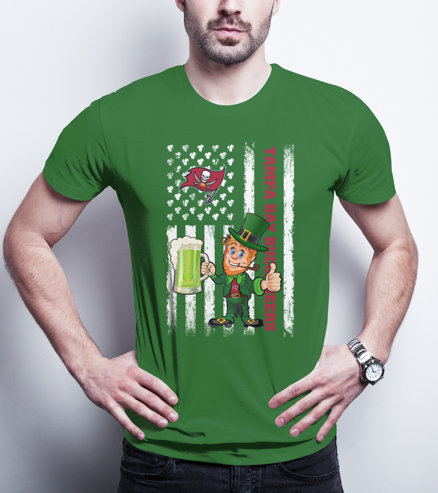Tampa Bay Buccaneers St Patrick's Day Leprechaun Flag With Shamrocks And Green Beer T-Shirt