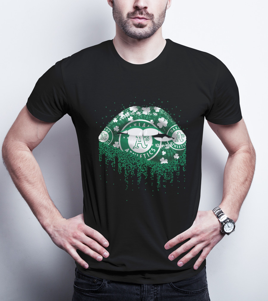 Oakland Athletics A's Logo With Shamrocks And Glitter Lips T-Shirt