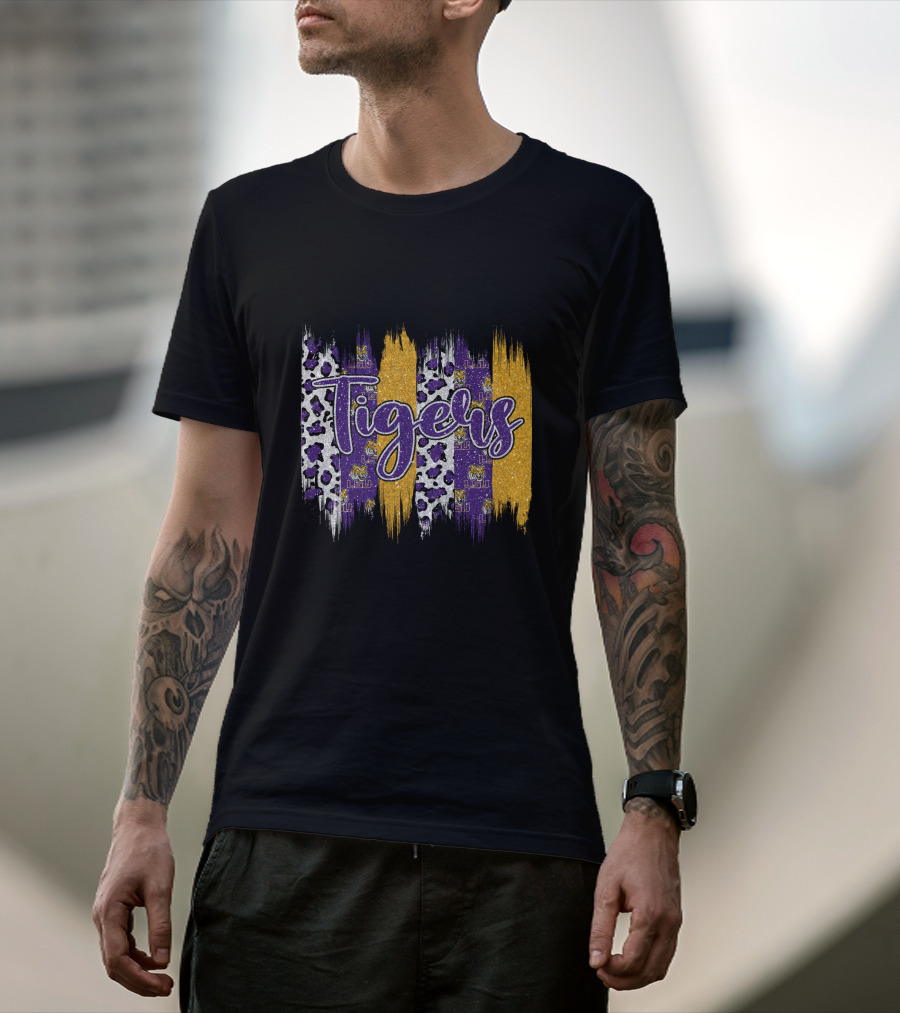 Tigers LSU Purple Gold Leopard Brushstroke T-Shirt