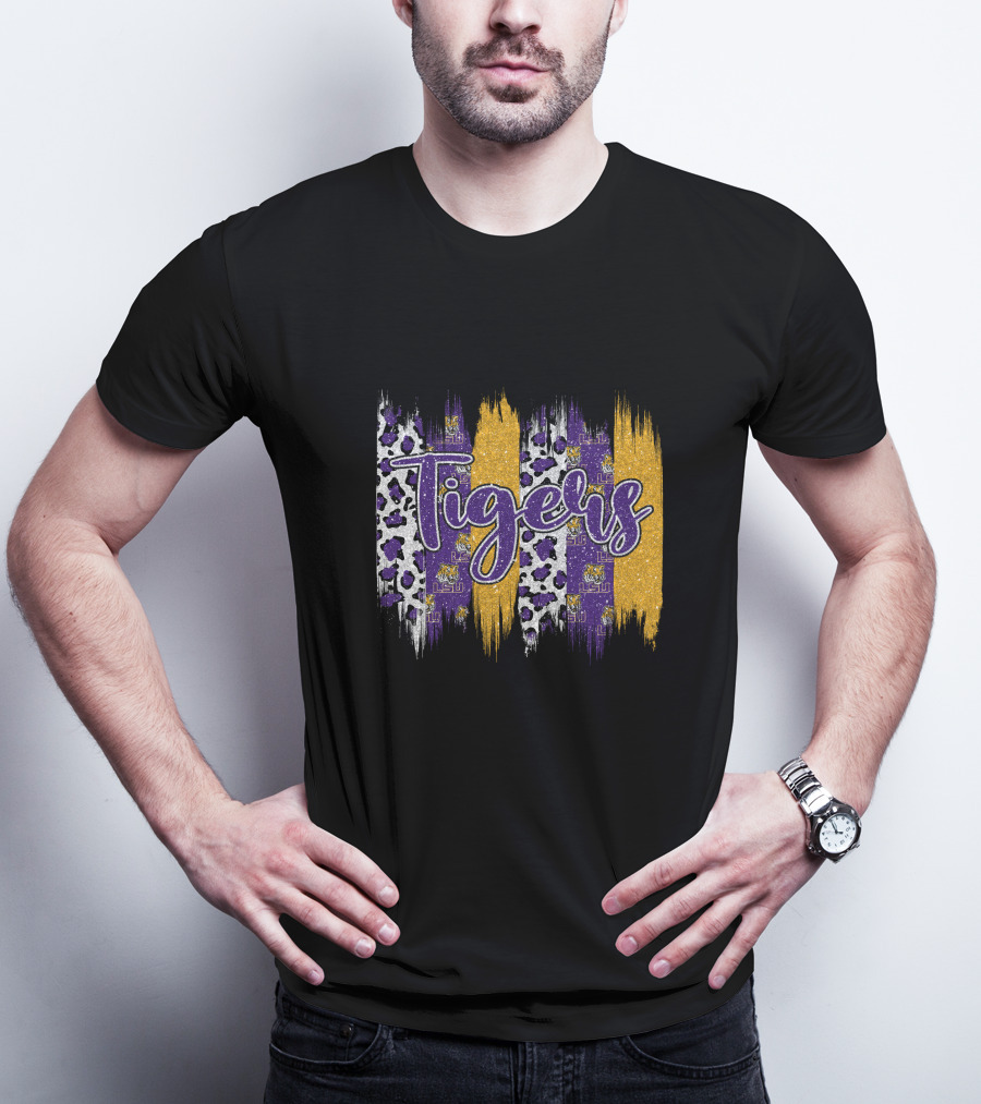 Tigers LSU Purple Gold Leopard Brushstroke T-Shirt