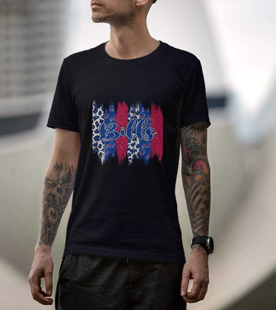 Bills Brushstroke Leopard Glitter Red Blue Stripes T-Shirt