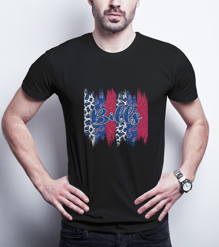 Bills Brushstroke Leopard Glitter Red Blue Stripes T-Shirt