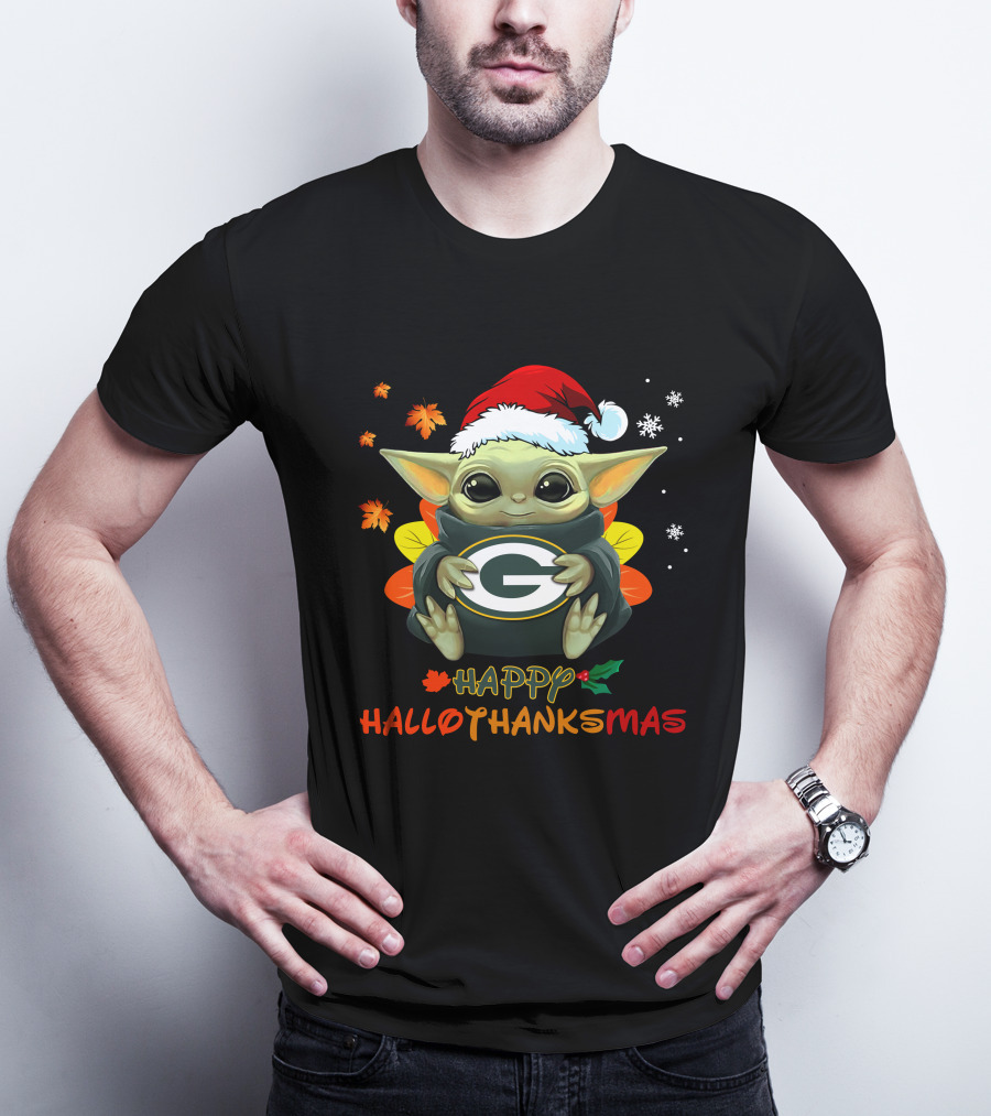 Happy Hallothanksmas Green Bay Packers Baby Yoda Santa Hat T-Shirt