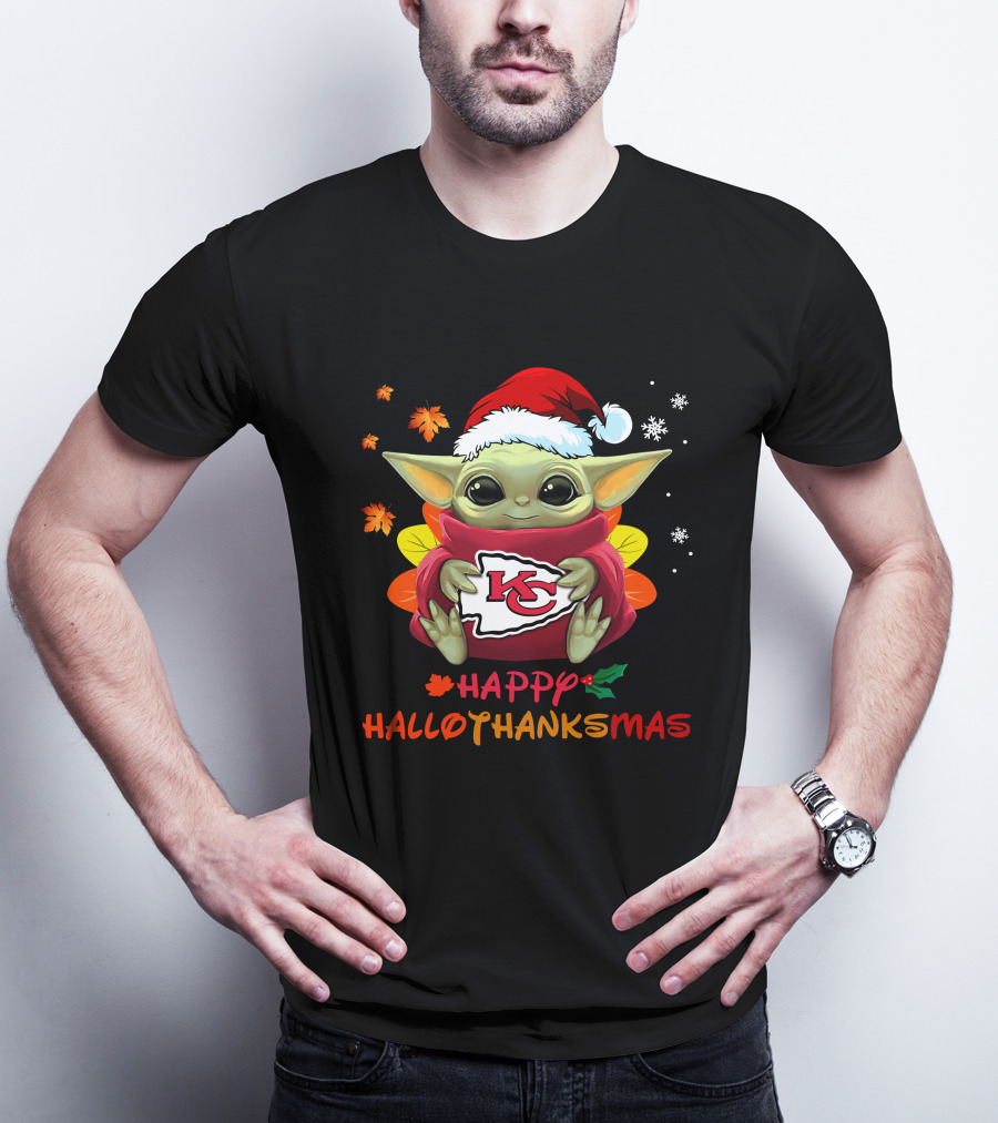 Kansas City Chiefs Baby Yoda Happy Hallothanksmas T-Shirt