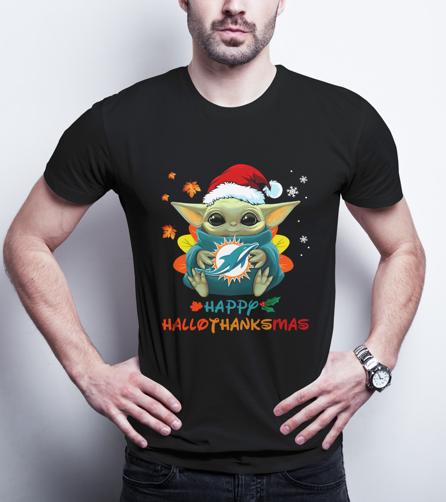 Happy Hallothanksmas Miami Dolphins Baby Yoda T-Shirt