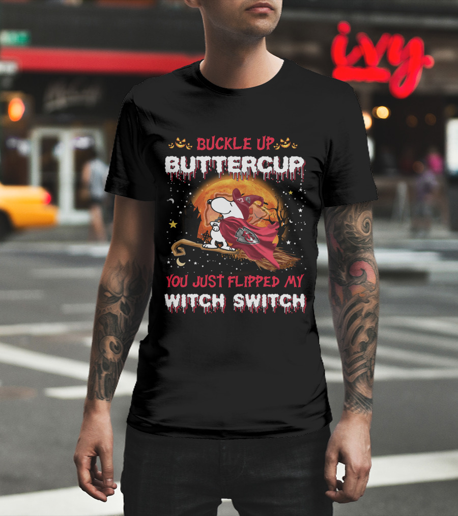 Buckle Up Buttercup Kansas City Chiefs Snoopy Witch Switch Halloween T-Shirt