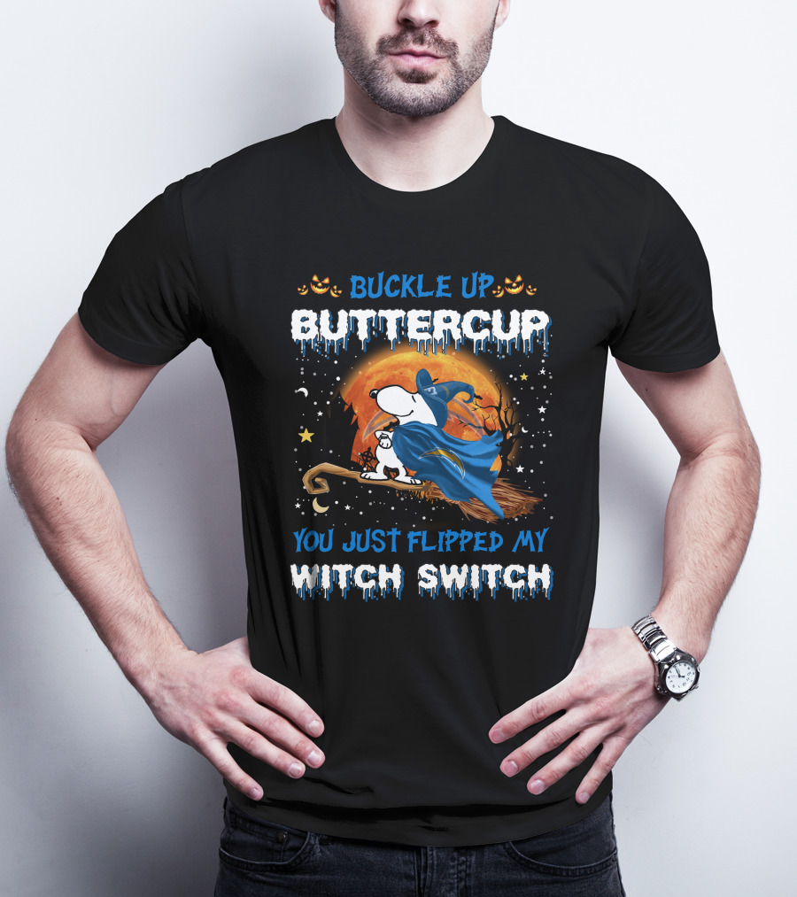 Buckle Up Buttercup You Just Flipped My Witch Switch Snoopy Los Angeles Chargers Halloween T-Shirt