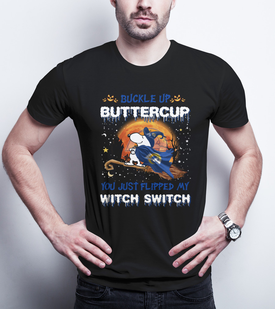 Buckle Up Buttercup Los Angeles Rams Snoopy Witch Switch Halloween T-Shirt