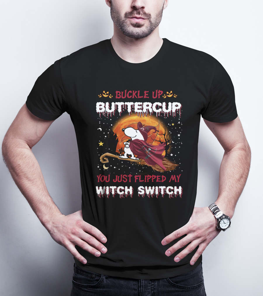 Buckle Up Buttercup You Just Flipped My Witch Switch Snoopy Broomstick Halloween Moon T-Shirt