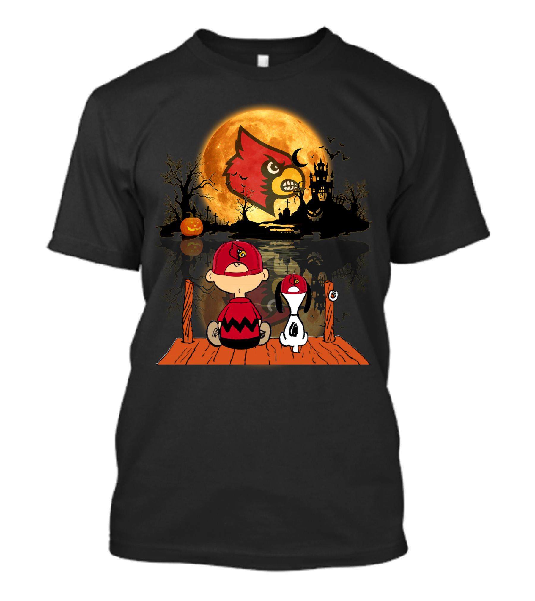 Louisville Cardinals Halloween Moon Scene With Characters And Haunted House T-Shirt