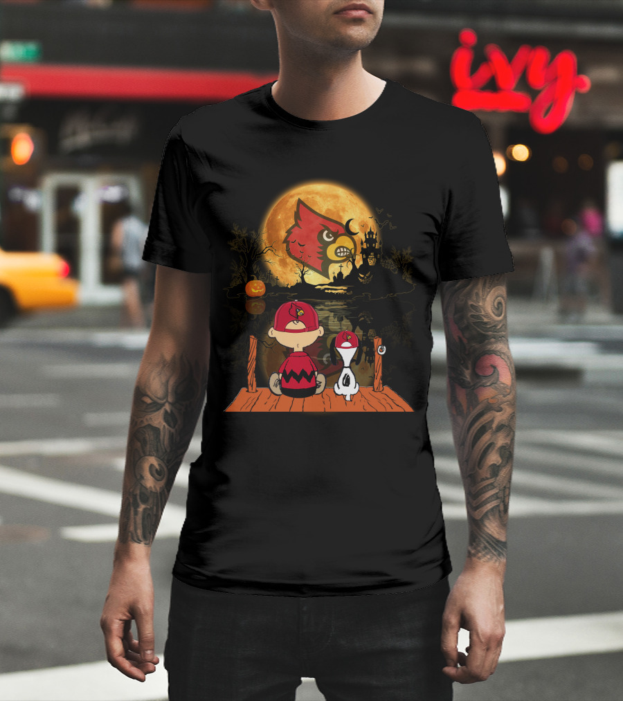Louisville Cardinals Halloween Moon Scene With Characters And Haunted House T-Shirt