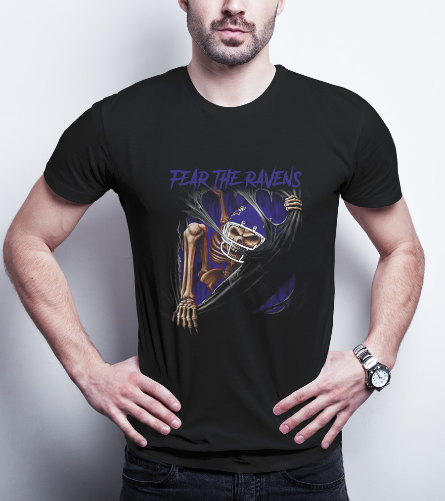 Fear The Ravens Baltimore NFL Skeleton Ravens Helmet Tear T-Shirt