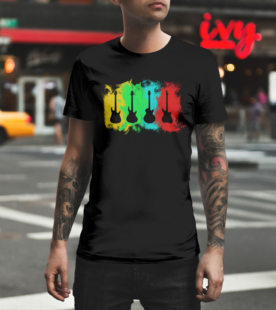 Colored Guitars Electric Acoustic Silhouette Yellow Green Blue Red T-Shirt