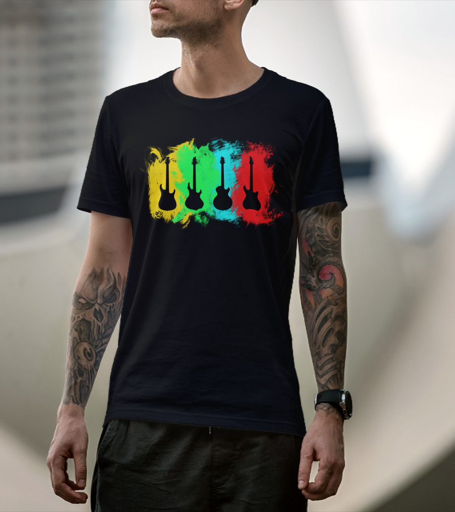 Colored Guitars Electric Acoustic Silhouette Yellow Green Blue Red T-Shirt