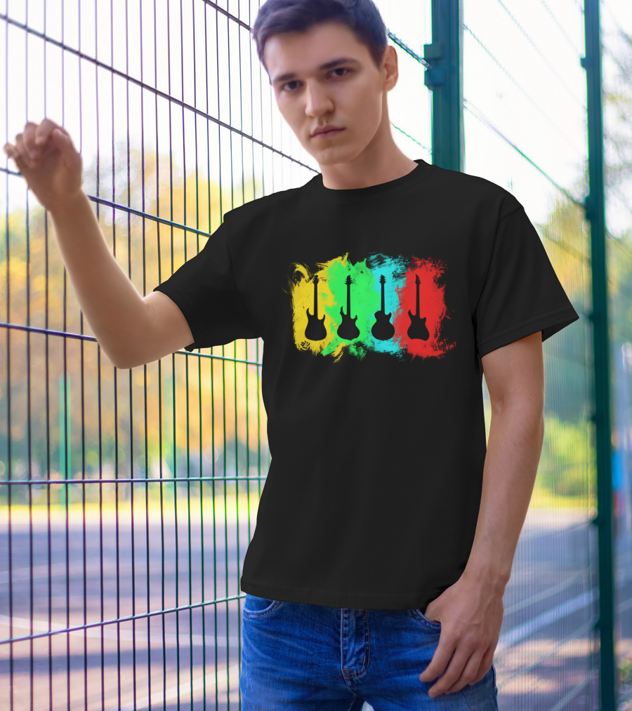 Colored Guitars Electric Acoustic Silhouette Yellow Green Blue Red T-Shirt