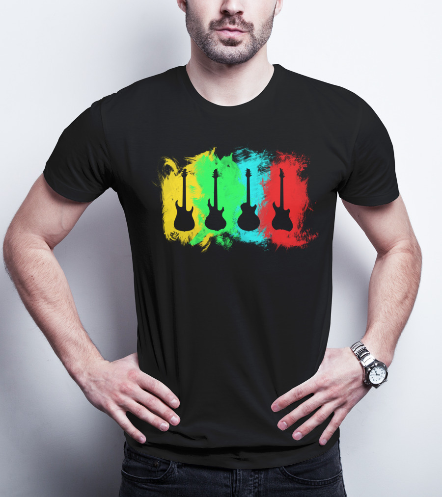 Colored Guitars Electric Acoustic Silhouette Yellow Green Blue Red T-Shirt