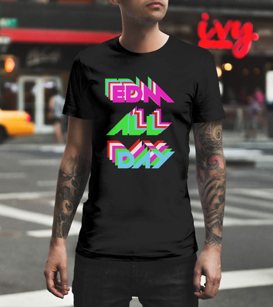 EDM All Day Cool Neon Anaglyph Style Rave Black Ink T-Shirt