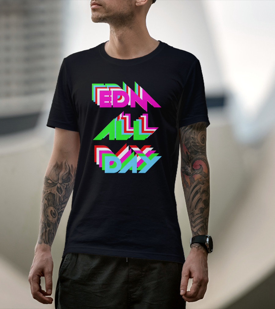 EDM All Day Cool Neon Anaglyph Style Rave Black Ink T-Shirt