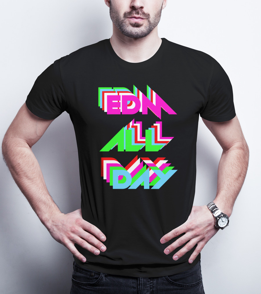 EDM All Day Cool Neon Anaglyph Style Rave Black Ink T-Shirt