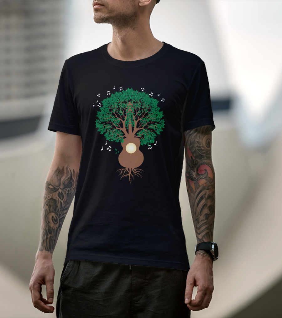 Cool Guitar Acoustic Adventure Tree With Musical Notes T-Shirt