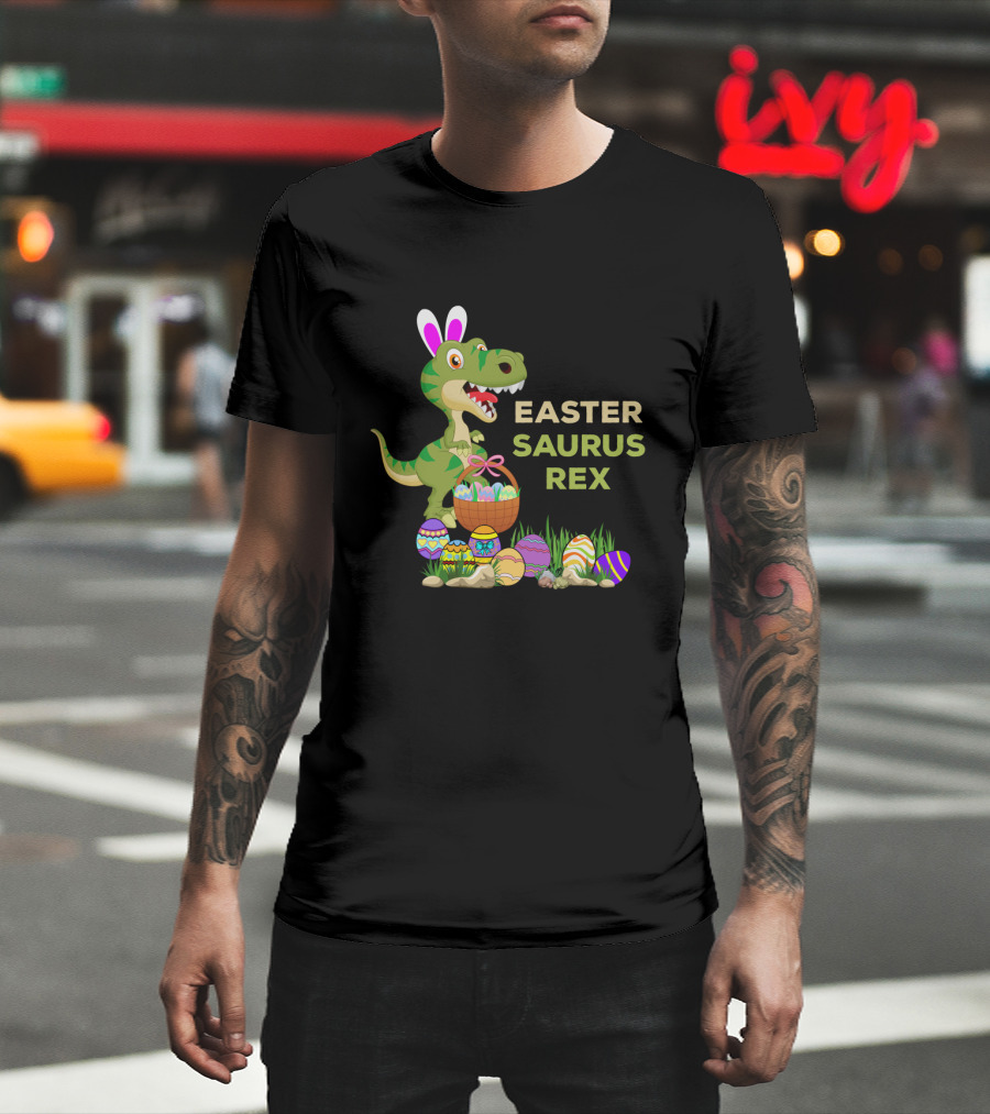 Easter Saurus Rex Dinosaur Bunny Egg Basket Easter Eggs T-Shirt