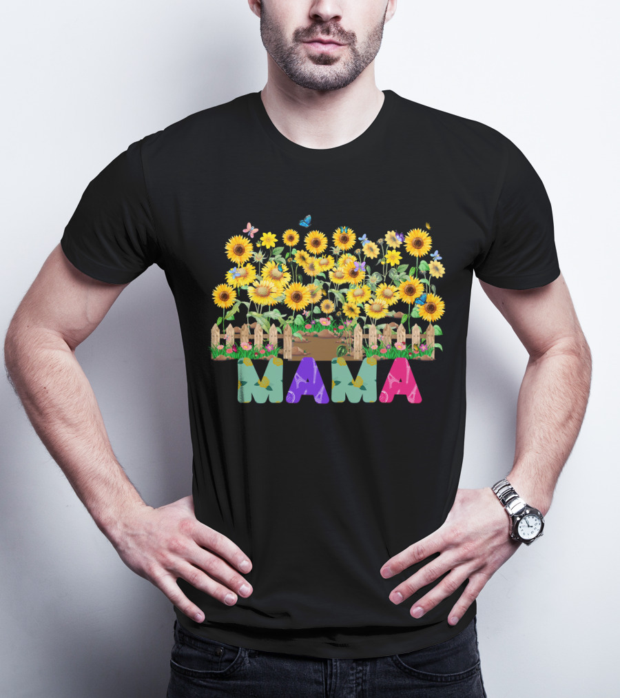 MAMA Sunflower Garden With Butterflies And Flowers T-Shirt
