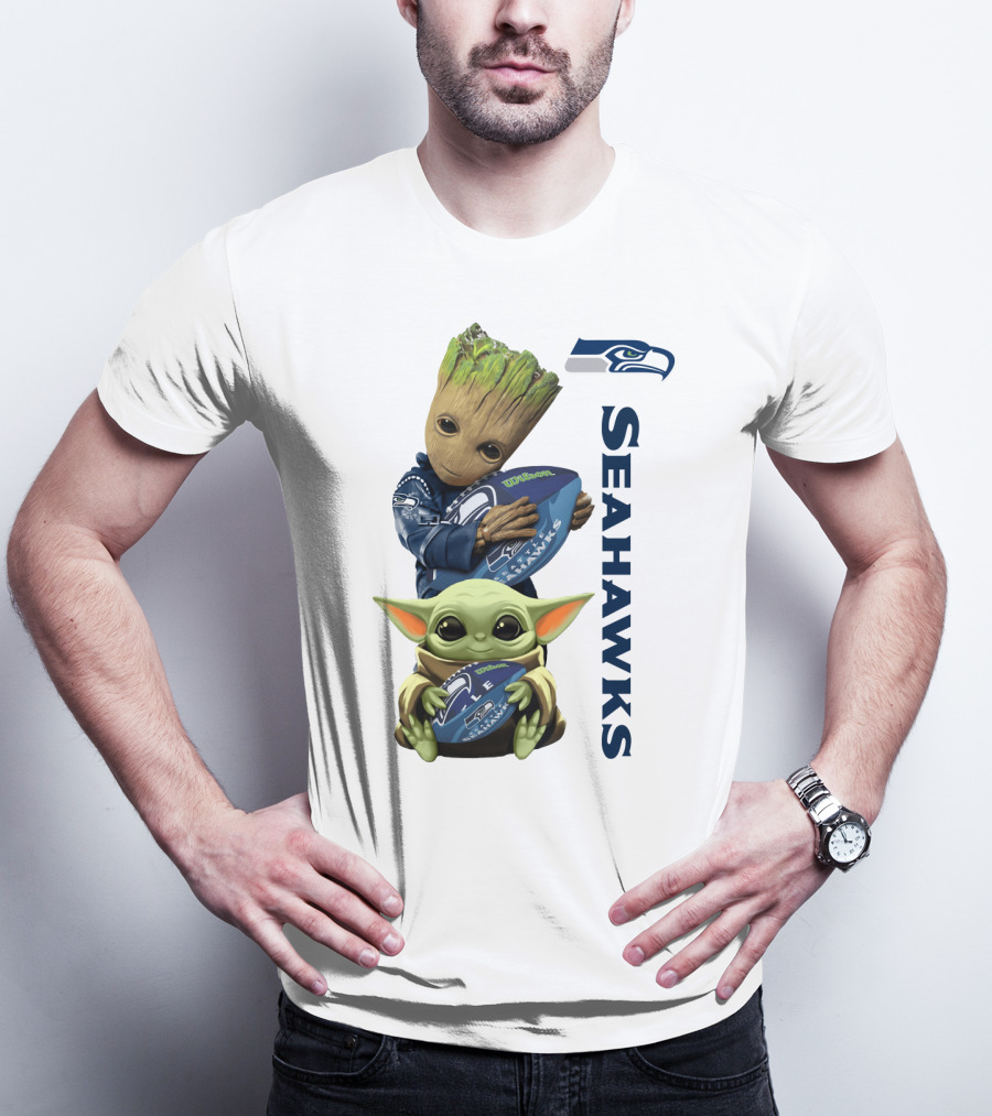 Baby Groot And Baby Yoda Hugging Seahawks Football T-Shirt