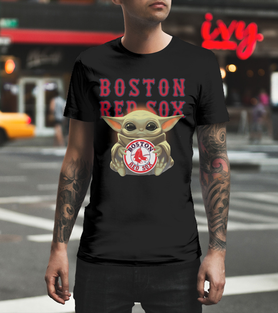 Boston Red Sox Baby Yoda Hugging Red Sox Emblem T-Shirt