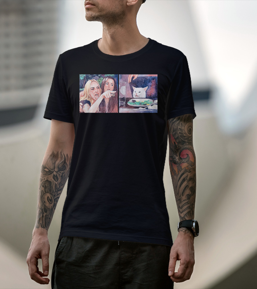 Angry Women Pointing At Indifferent Cat Sitting At Dining Table T-Shirt