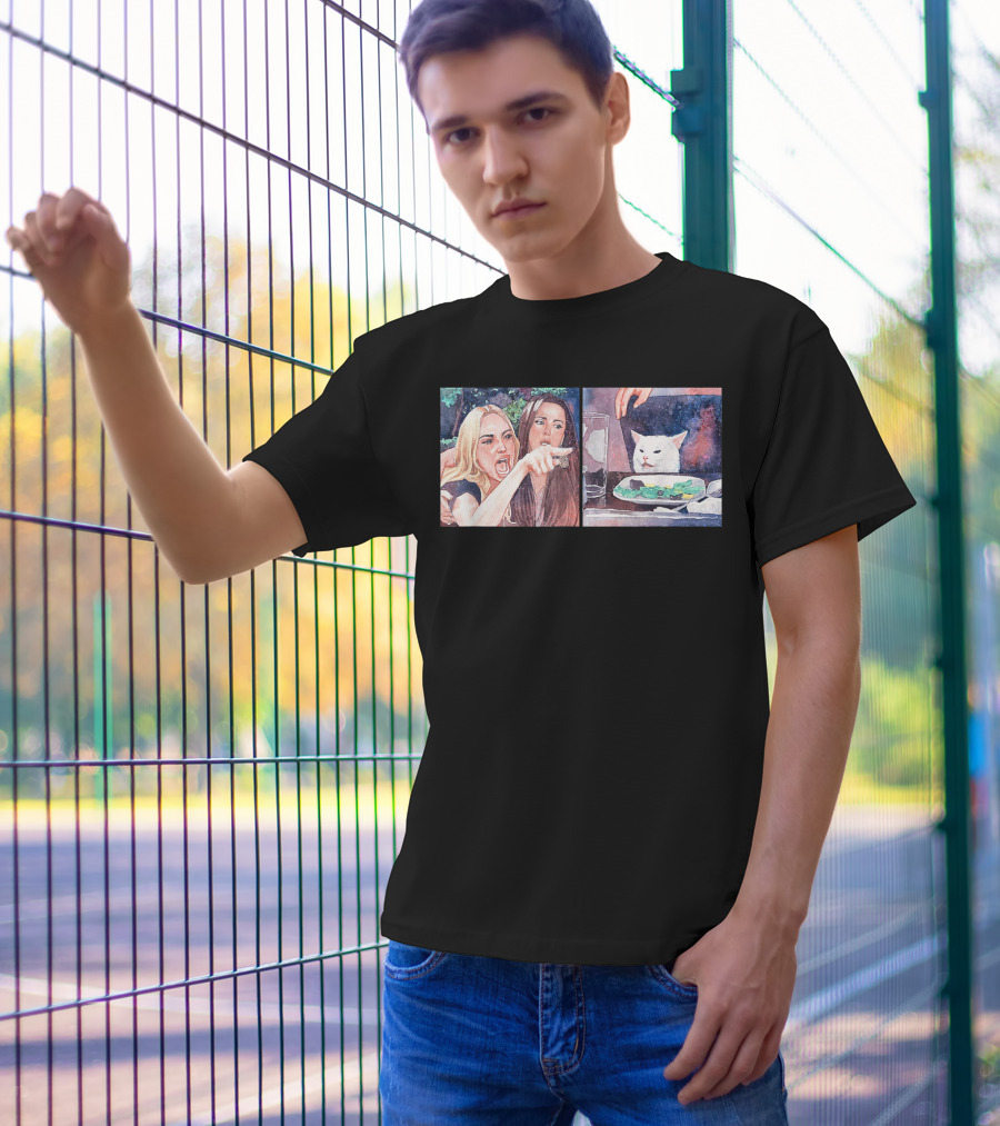 Angry Women Pointing At Indifferent Cat Sitting At Dining Table T-Shirt
