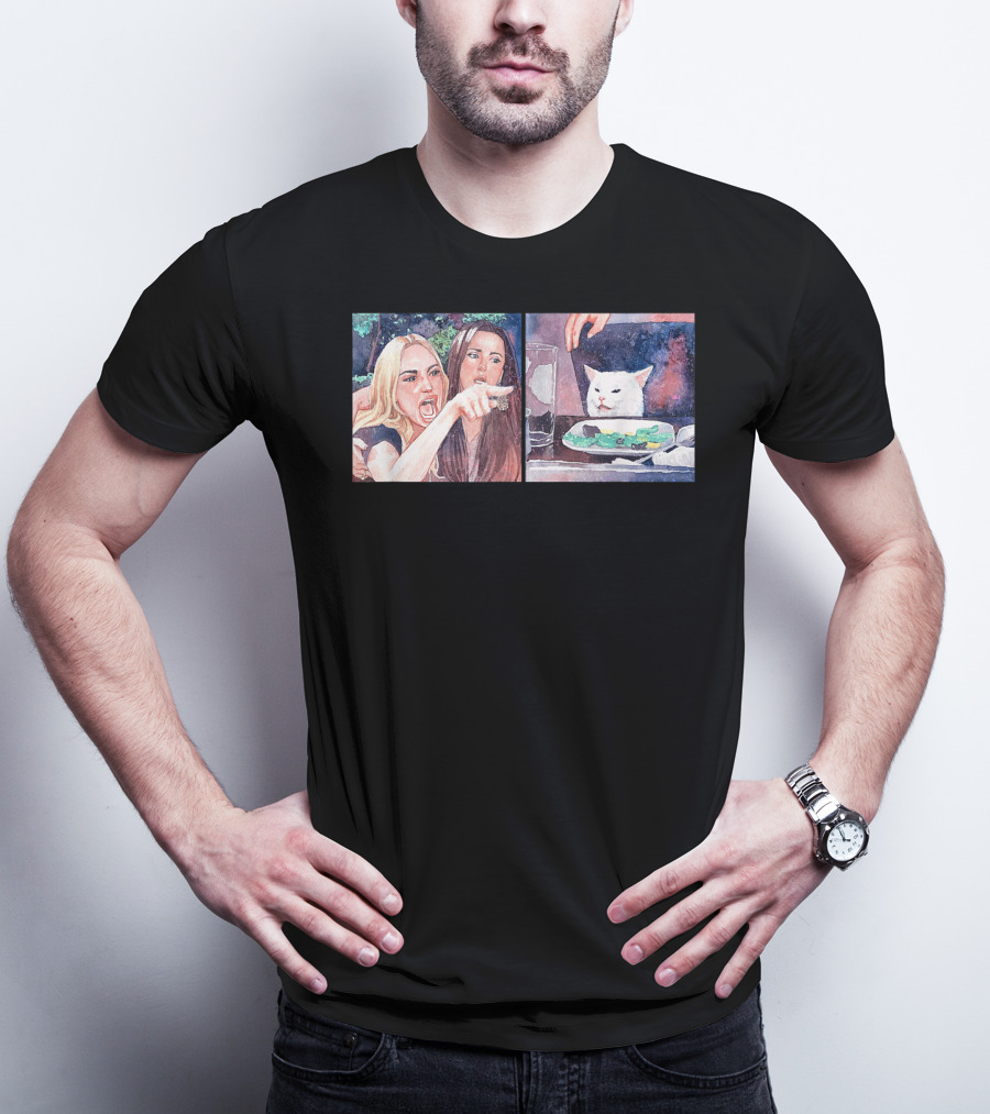 Angry Women Pointing At Indifferent Cat Sitting At Dining Table T-Shirt
