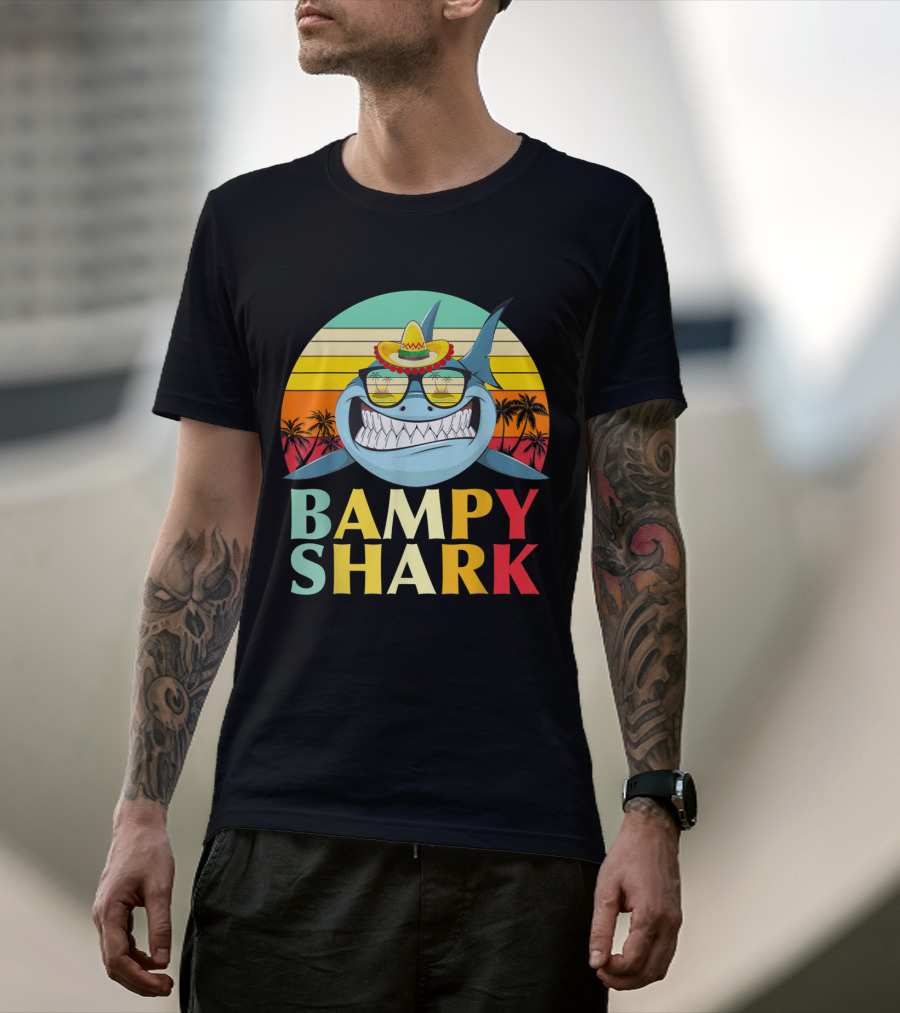 Bampy Shark Grandad From Grandchildren Shark With Sombrero And Sunglasses T-Shirt
