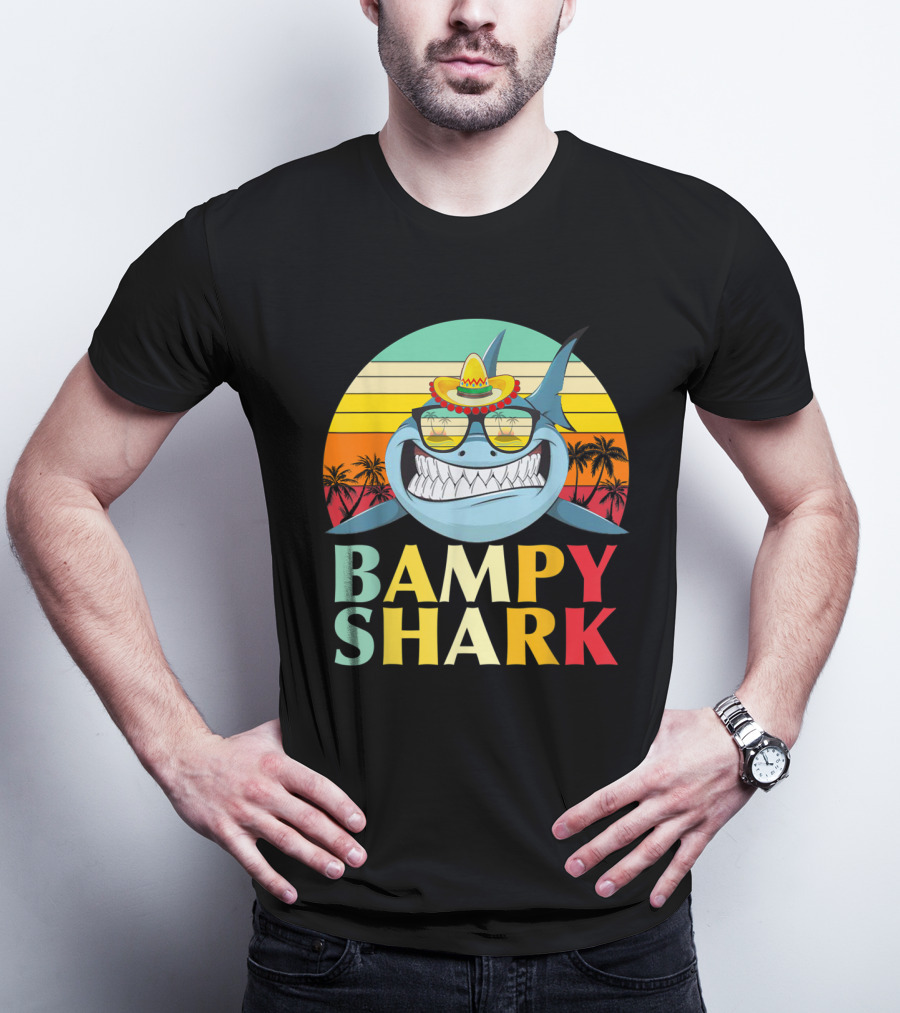 Bampy Shark Grandad From Grandchildren Shark With Sombrero And Sunglasses T-Shirt