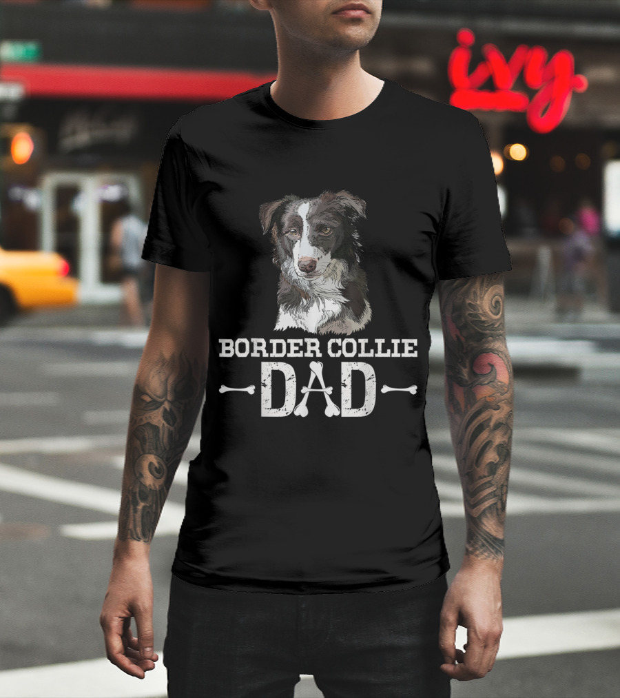 Border Collie Dad With Detailed Dog Illustration And Bone Accents T-Shirt