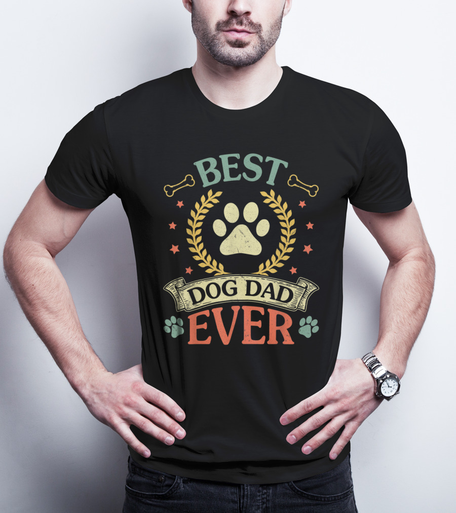 Best Dog Dad Ever Paw Laurel Stars Bones T-Shirt