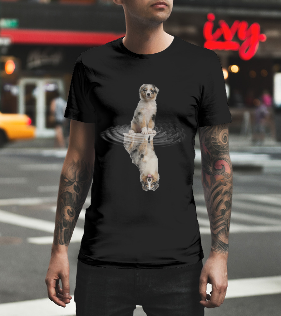 Australian Shepherd Puppy Reflection In Water Ripple T-Shirt