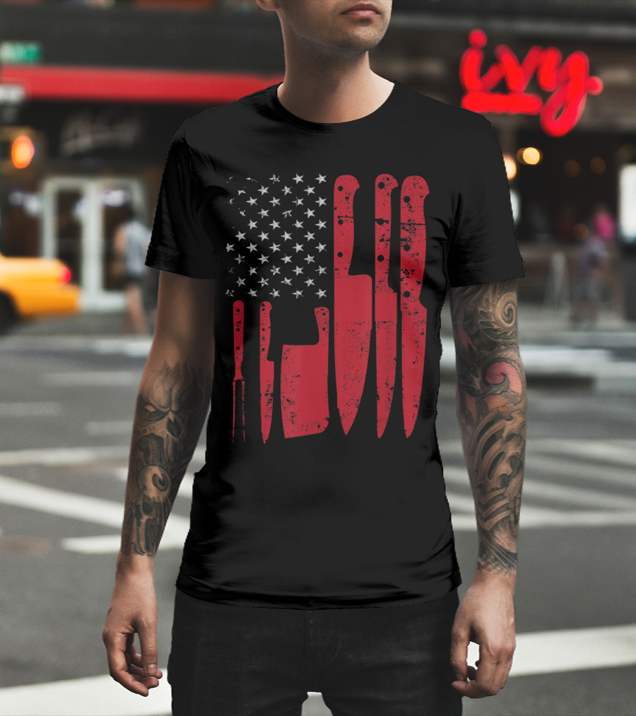 American Flag Stars Butcher Knife Set Vintage Look T-Shirt