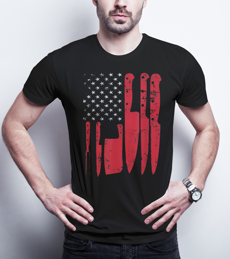 American Flag Stars Butcher Knife Set Vintage Look T-Shirt