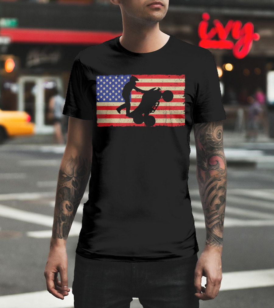 American Flag ATV Rider Wheelie Quad Bike Cool T-Shirt