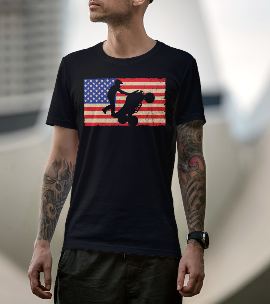 American Flag ATV Rider Wheelie Quad Bike Cool T-Shirt