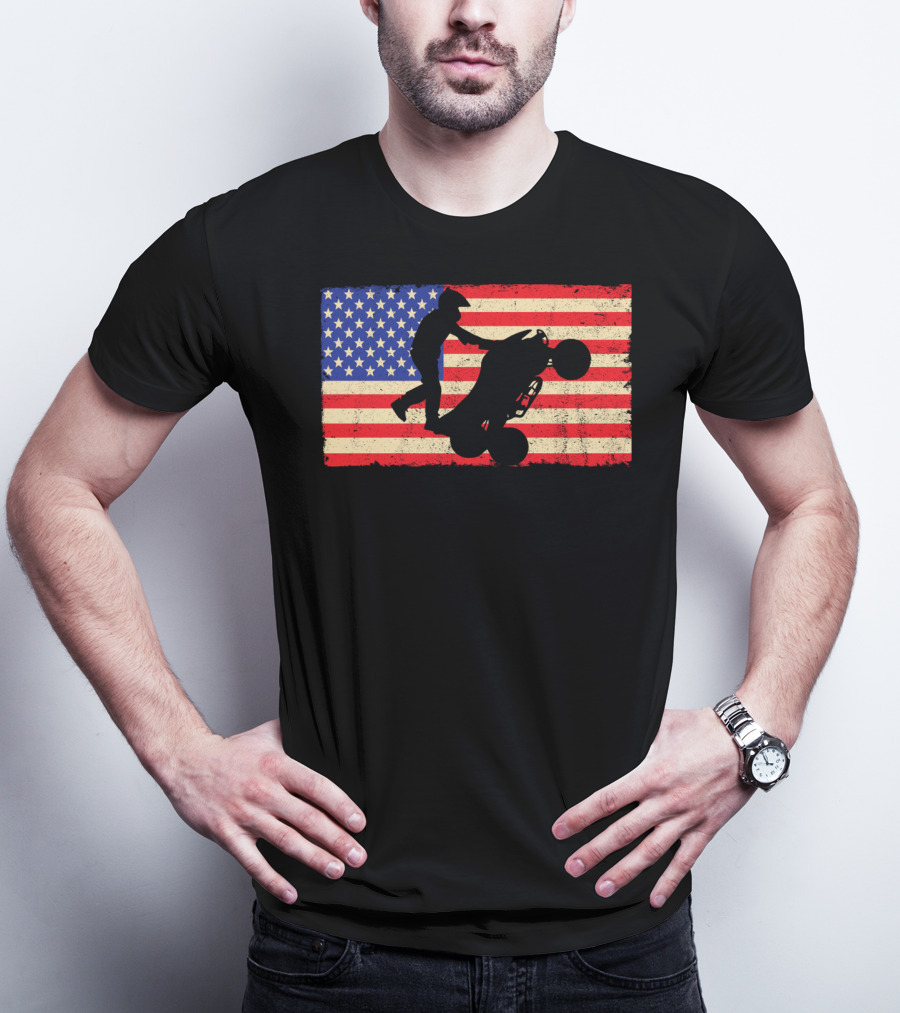 American Flag ATV Rider Wheelie Quad Bike Cool T-Shirt