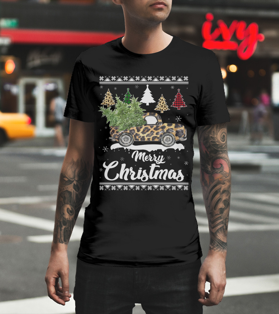 Merry Christmas Leopard Truck Plaid Trees Snowflakes T-Shirt