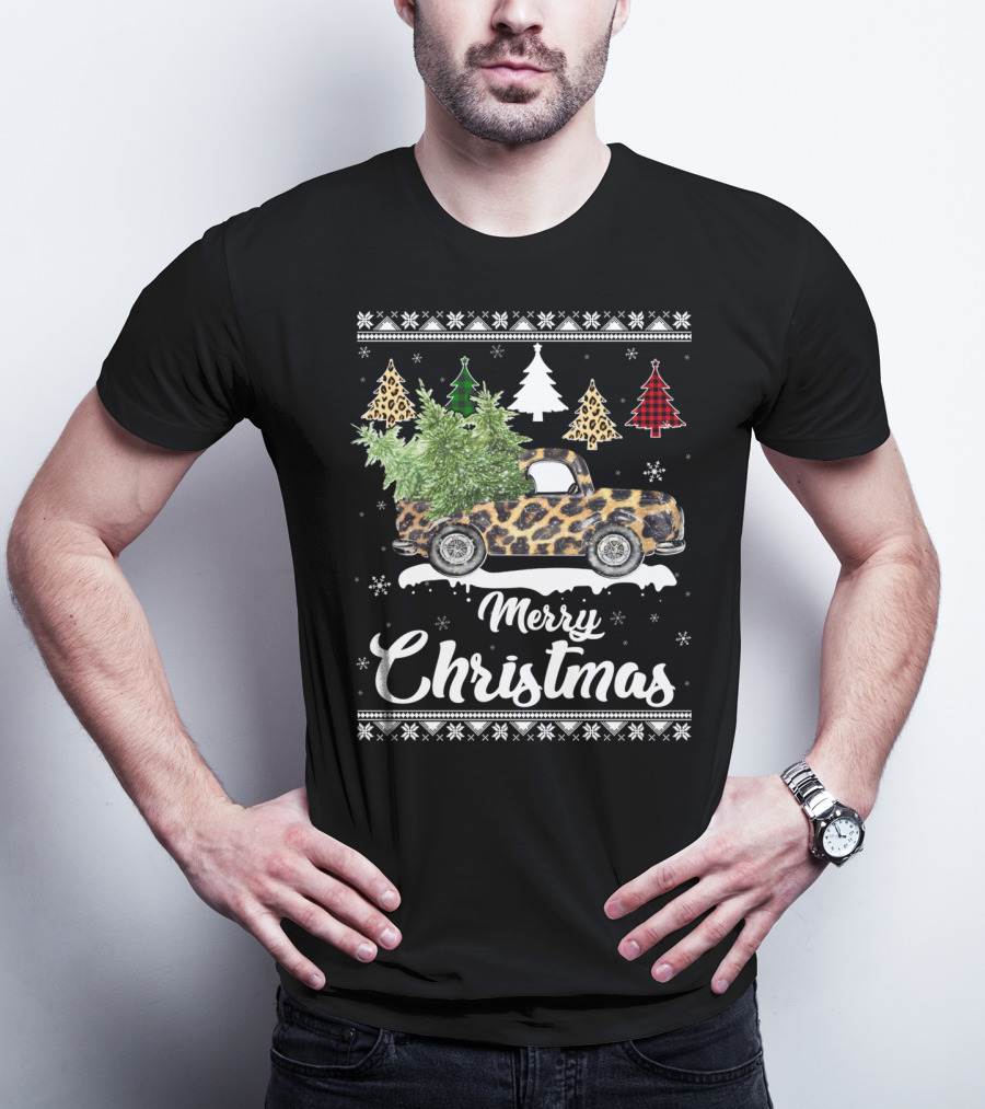 Merry Christmas Leopard Truck Plaid Trees Snowflakes T-Shirt