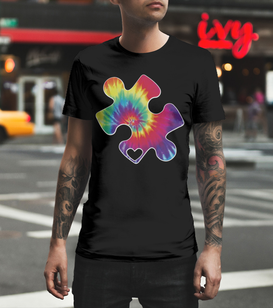 Tie-Dye Puzzle Piece Heart Cool Autism Awareness T-Shirt